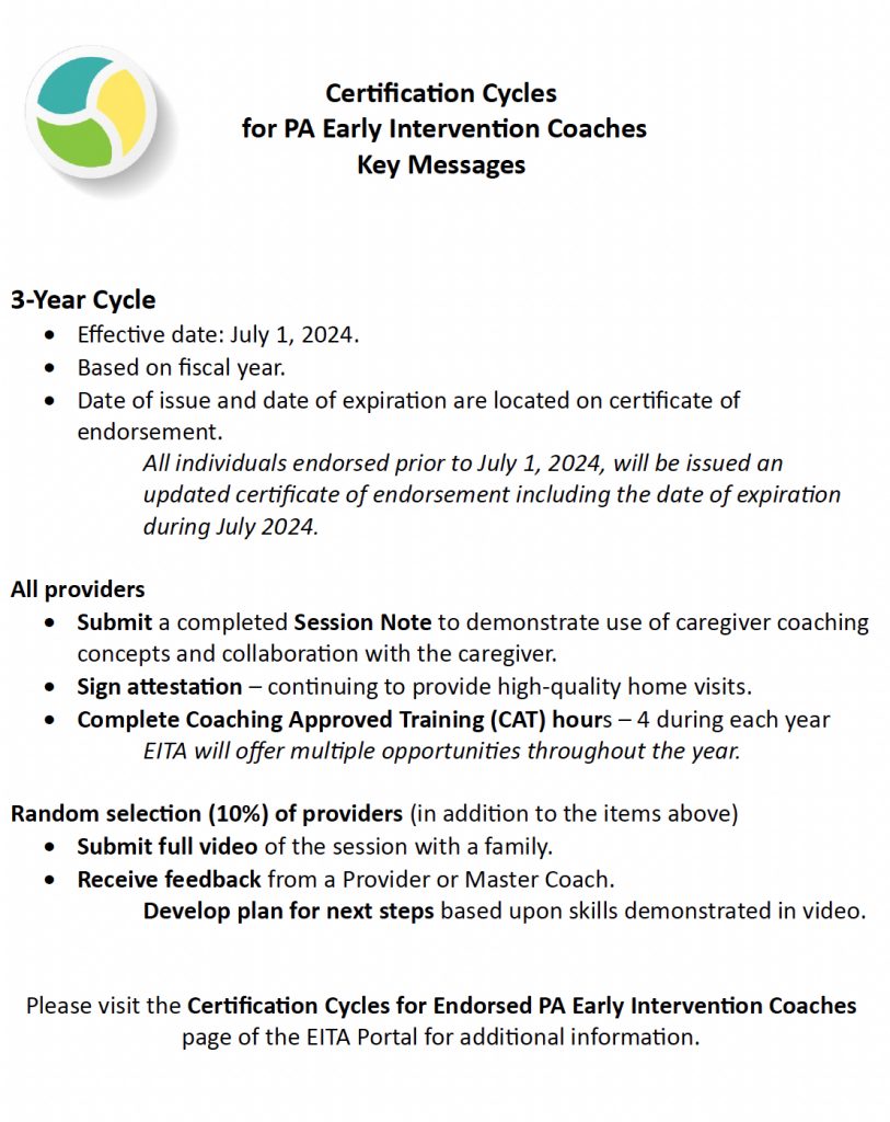 Certification Cycles for Endorsed PA Early Intervention Coaches - Early Intervention Technical ...